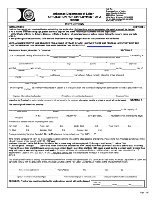 Fillable Application For Employment Of A Minor Printable Pdf Download