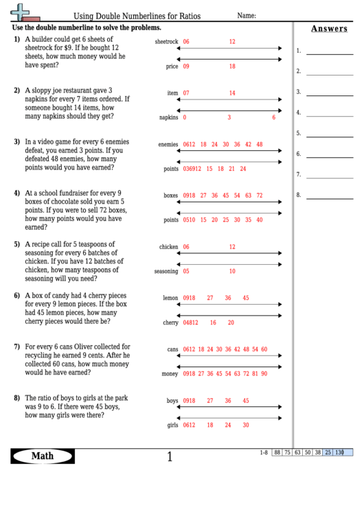 Using Double Numberlines For Ratios Worksheet Template With Answer Key