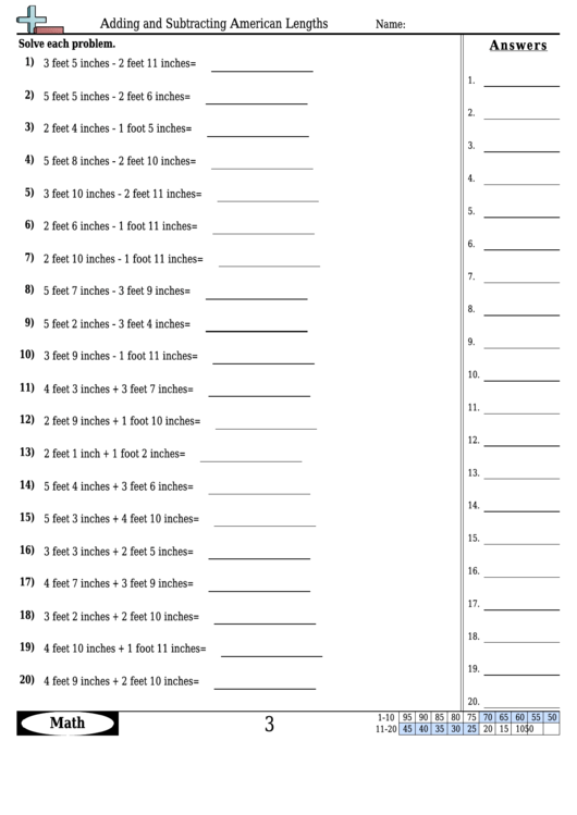 Adding And Subtracting American Lengths Worksheet Template With Answer 