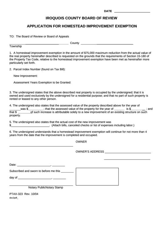 Form Ptax-323 - Application For Homestead Improvement Exemption ...