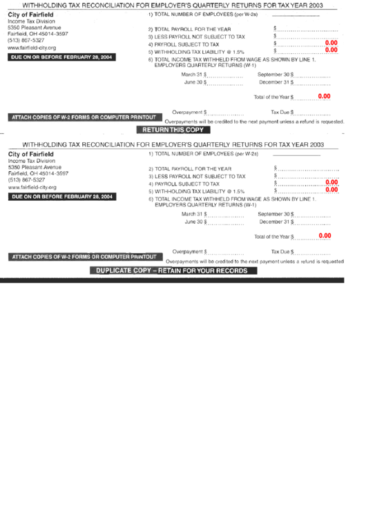 Fillable Withholding Tax Reconciliation For Employer'S Quarterly ...
