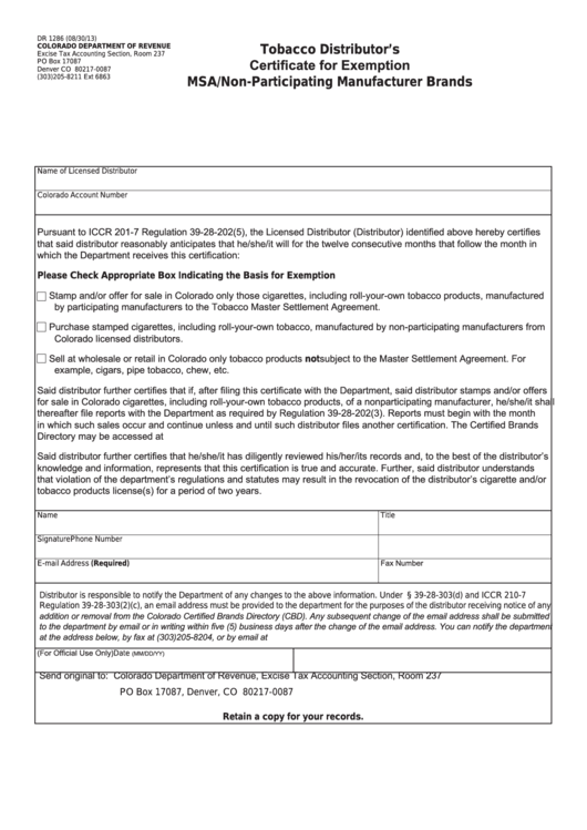 Fillable Form Dr 1286 - Tobacco Distributor'S Certificate For Exemption ...