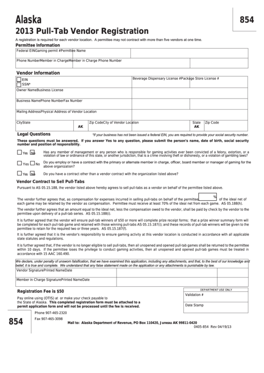 Fillable Form 854 - Pull-Tab Vendor Registration - 2013 printable pdf ...