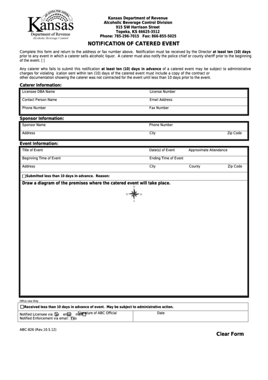 Fillable Form Abc-826 - Notification Of Catered Event printable pdf ...