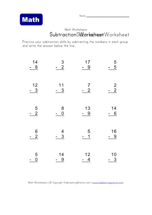 Subtraction Worksheet Template printable pdf download