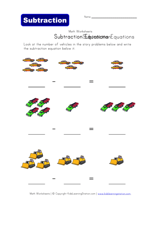 Vehicles Subtraction Worksheet Template printable pdf download