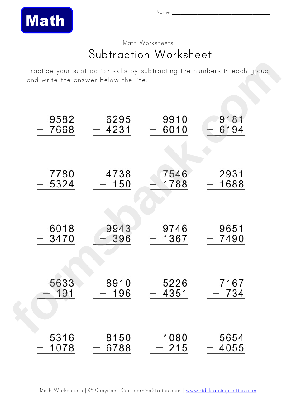 Subtraction Math Worksheet Template printable pdf download