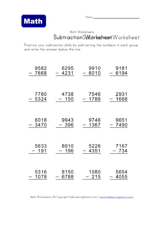 Subtraction Math Worksheet Template printable pdf download