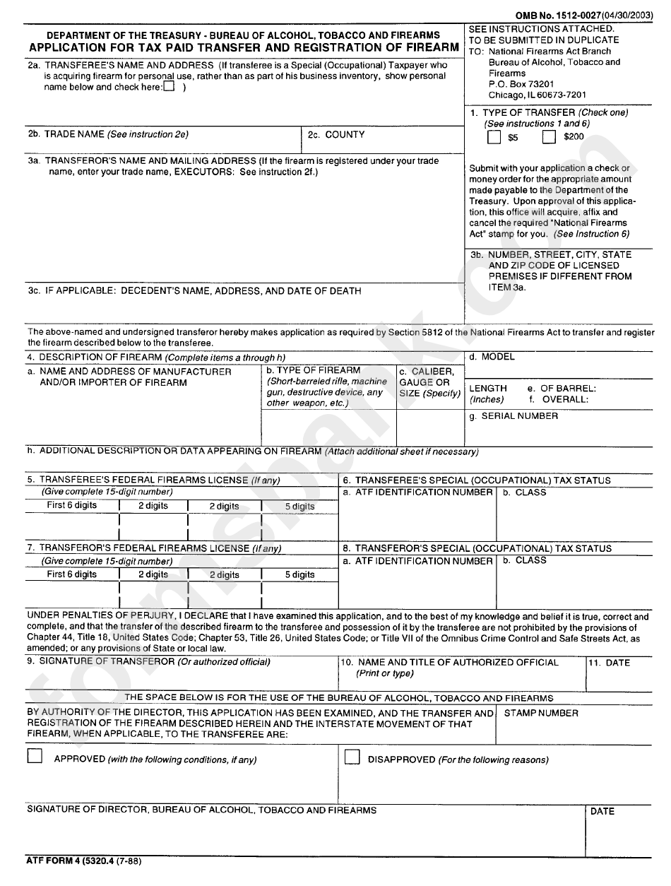 Atf Form 4 Application For Tax Paid Transfer And Registration Of 