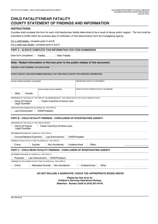 Fillable Form Soc 826 - Child Fatality/near Fatality - County Statement ...