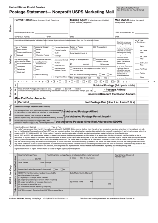 Ps Form 3602 N1 Postage Statement Nonprofit Usps Marketing Mail
