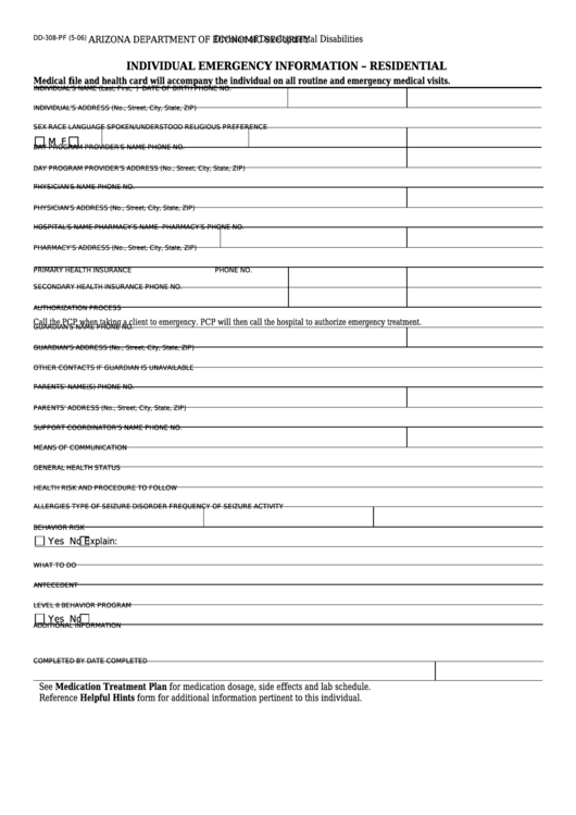 Fillable Form Dd-308-Pf - Individual Emergency Information-Residential ...