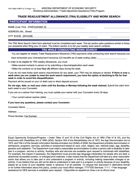 Fillable Form Taa-1026a Forff - Trade Readjustment Allowance (Tra ...