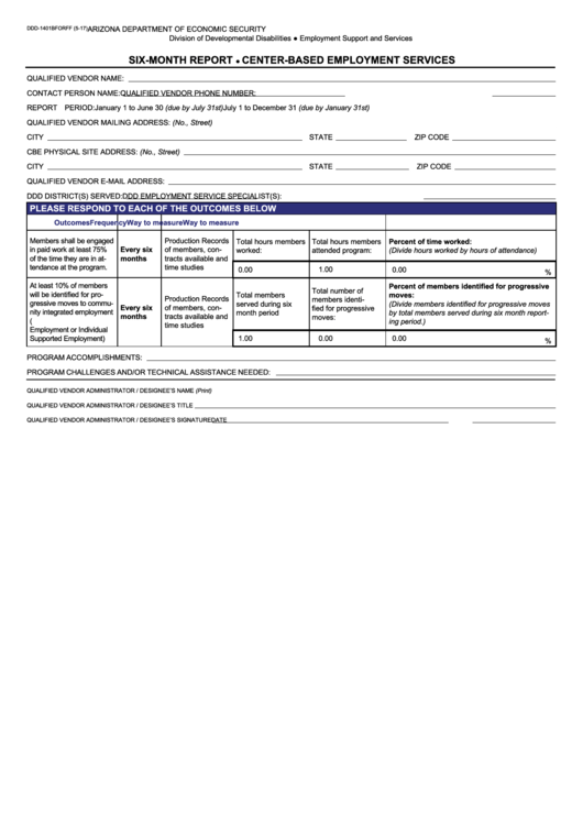 Fillable Form Ddd-1401b - Six-Month Report - Center-Based Employment ...