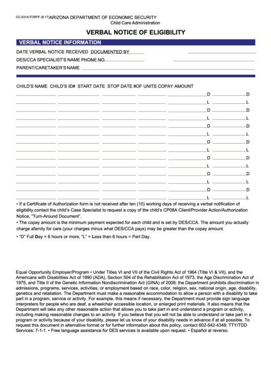Fillable Form Cc-031a - Verbal Notice Of Eligibility printable pdf download