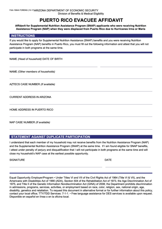Fillable Form Faa-1584a - Puerto Rico Evacuee Affidavit printable pdf ...