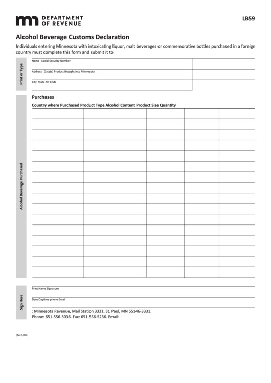 Fillable Form Lb59 - Alcohol Beverage Customs Declaration printable pdf ...