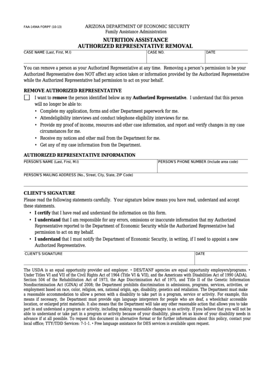 Fillable Form Faa-1494a Forpf - Nutrition Assistance Authorized ...