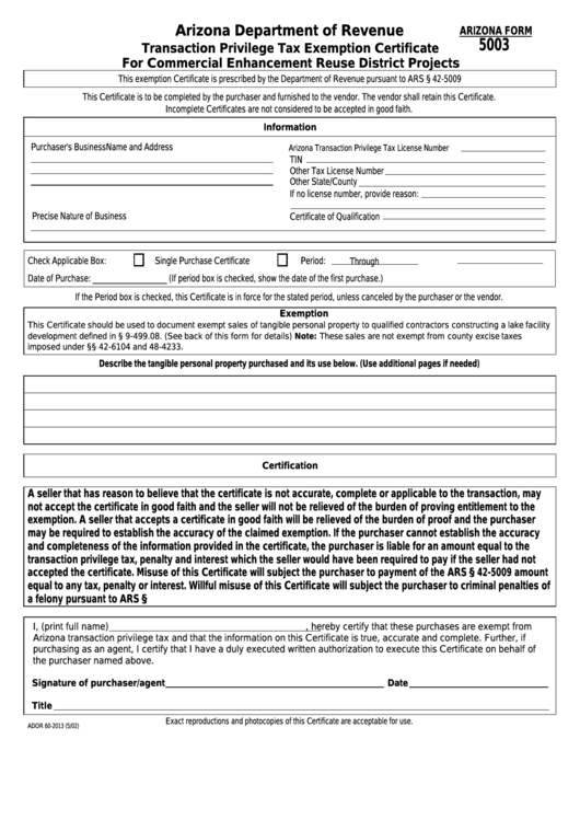 Fillable Arizona Form 5003 Transaction Privilege Tax Exemption