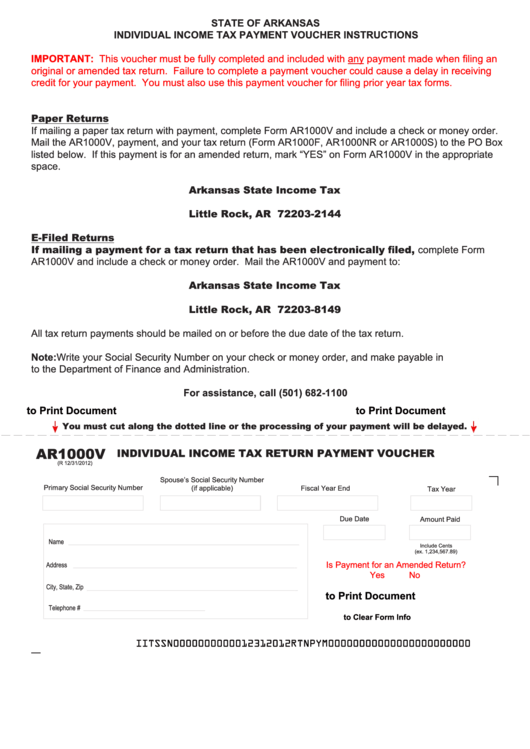 Fillable Form Ar1000v - Individual Income Tax Return Payment Voucher ...
