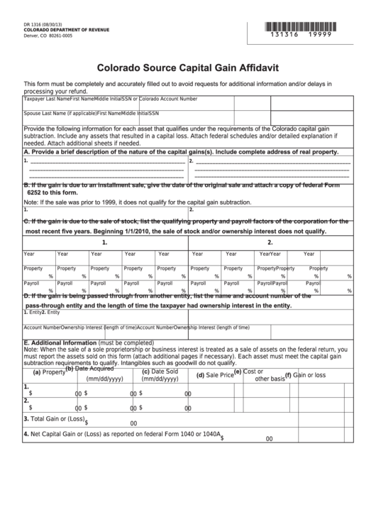 Fillable Form Dr 1316 - Colorado Source Capital Gain Affidavit ...