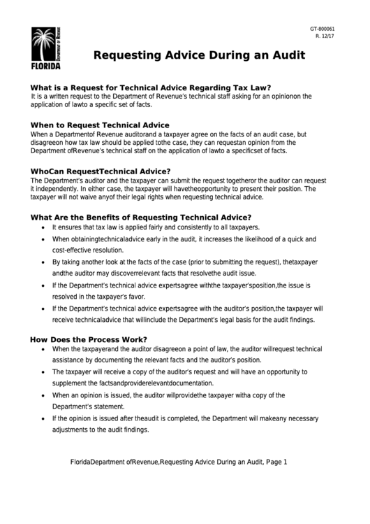 Form Gt-800061 - Requesting Advice During An Audit printable pdf download