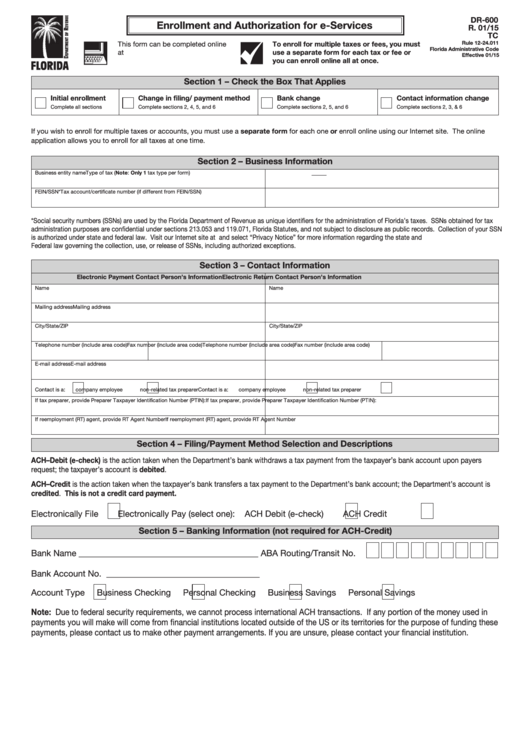 Form Dr-600 - Enrollment And Authorization For E-Services printable pdf ...