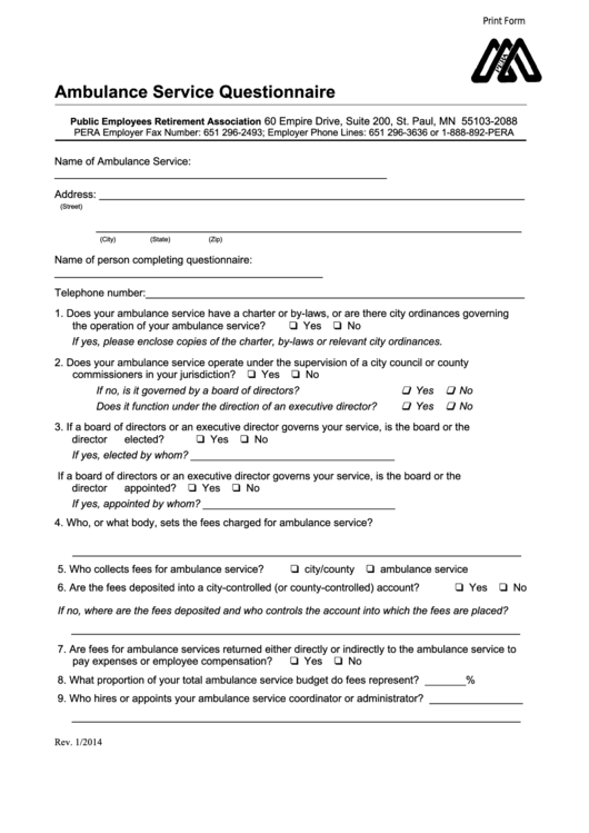 Fillable Ambulance Service Questionnaire Template printable pdf download