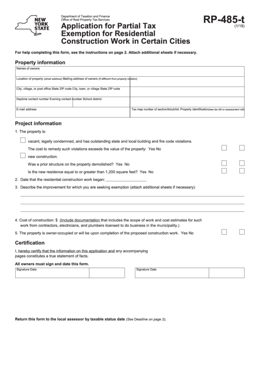 Fillable Form Rp-485-T - Application For Partial Tax Exemption For ...