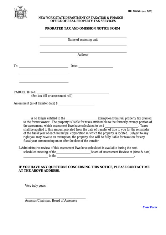 Fillable Form Rp- 520-Ntc - Prorated Tax And Omission Notice Form ...