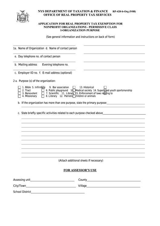 Fillable Form Rp-420-B-Org - Application For Real Property Tax ...