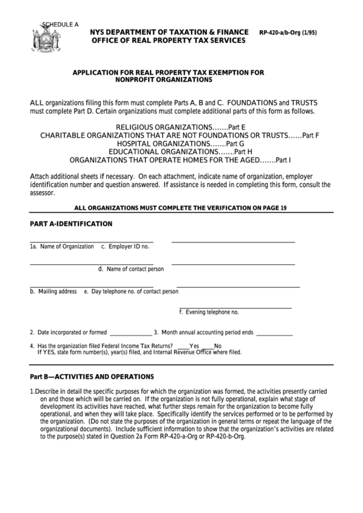 Fillable Form Rp-420-A/b-Org - Schedule A - Application For Real ...