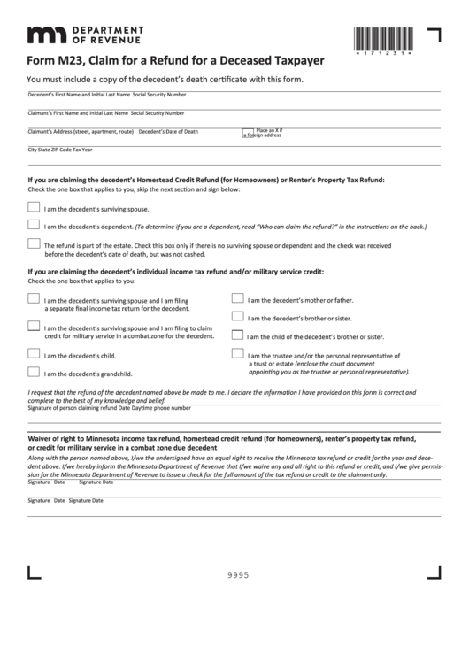 Fillable Form M23 - Claim For A Refund For A Deceased Taxpayer ...
