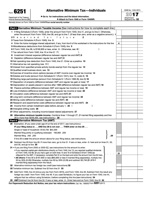 Fillable Form 6251 Alternative Minimum Tax Individuals 2017