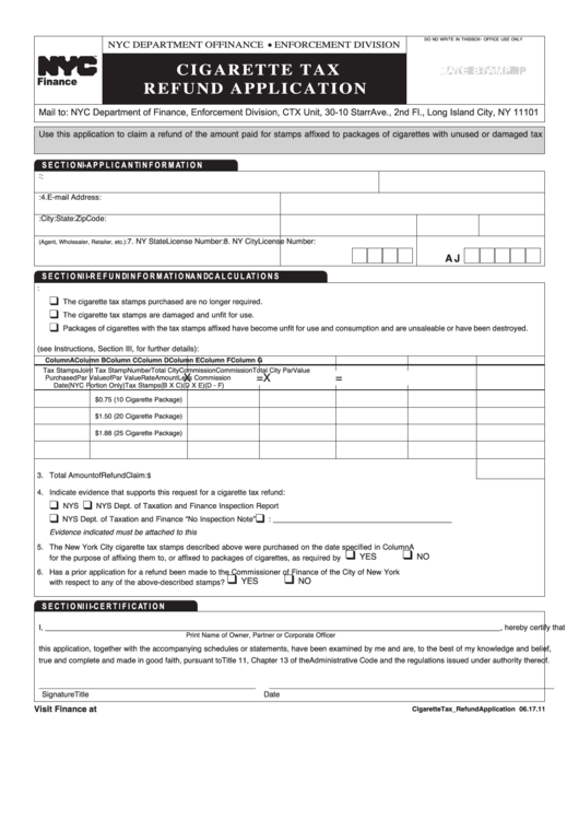 Cigarette Tax Refund Application - Nyc Department Of Finance printable ...