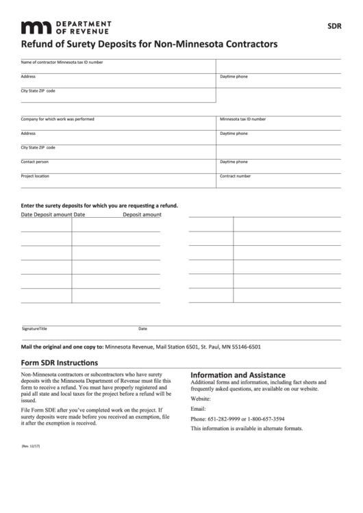 Fillable Form Sdr - Refund Of Surety Deposits For Non-Minnesota ...