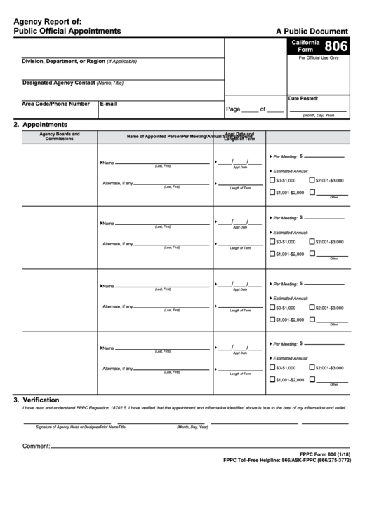 Fillable Fppc Form 806 - Agency Report Of Public Official Appointments ...