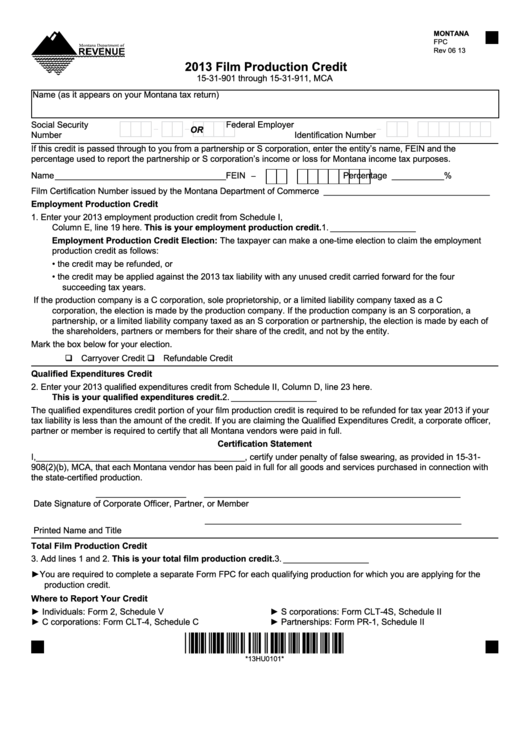 Form Fpc - Film Production Credit - 2013 printable pdf download