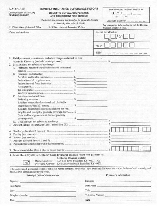 Form 74a117 - Monthly Insurance Surcharge Report printable pdf download