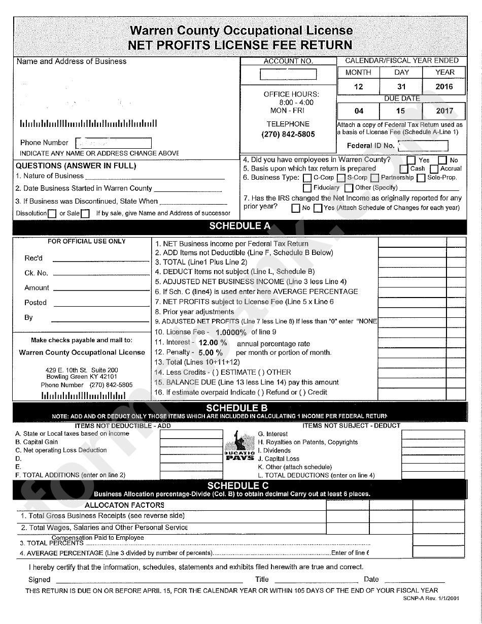 Form Scnp-A - Net Profits License Return - Warren County printable pdf ...