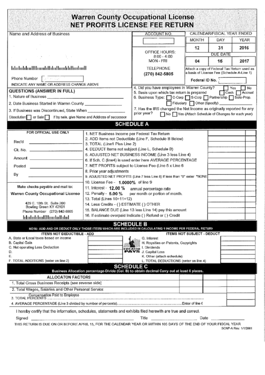 Form Scnp-A - Net Profits License Return - Warren County printable pdf ...