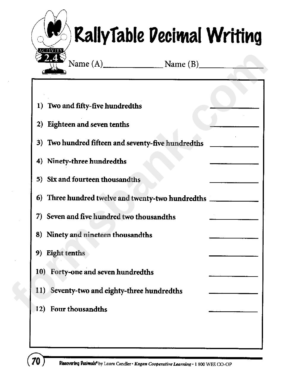 Rallytable Decimal Writing Worksheet printable pdf download