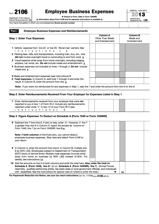 Fillable Form 2106 - Employee Business Expenses - 2013 printable pdf ...