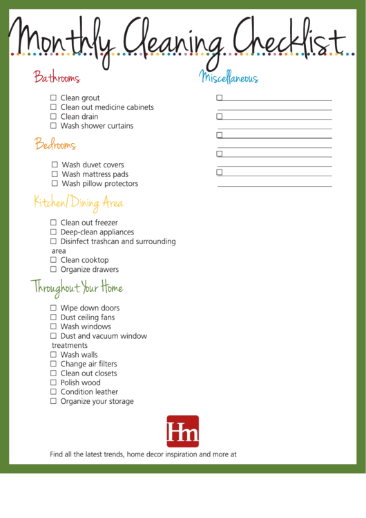 Monthly Cleaning Checklist printable pdf download