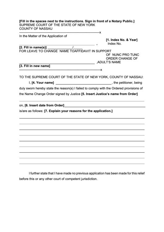 Fillable Affidavit In Support Of Nunc Pro Tunc Order Change Of Adult'S ...