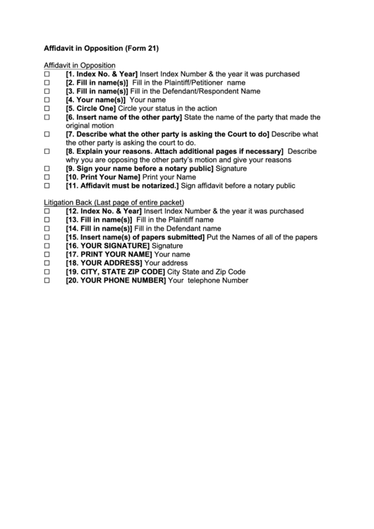 Form 21 - Affidavit In Opposition printable pdf download