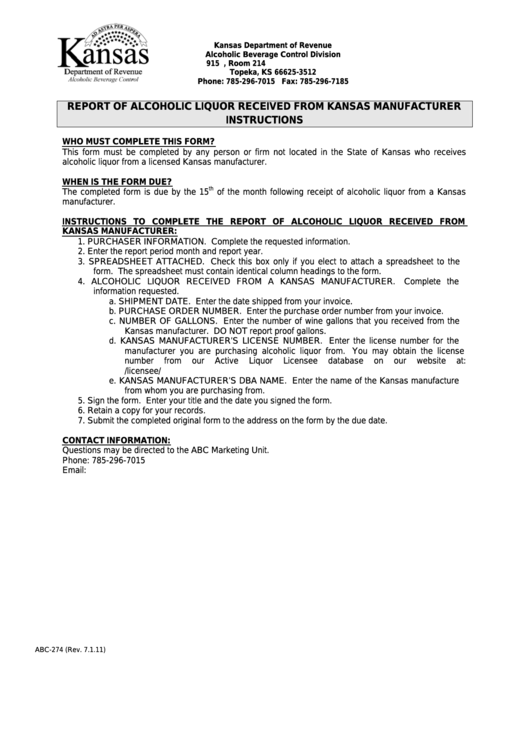 Form Abc-274 - Report Of Alcoholic Liquor Received From Kansas ...