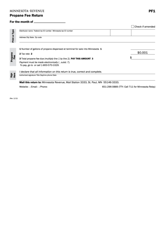 Fillable Form Pf1 - Propane Fee Return printable pdf download