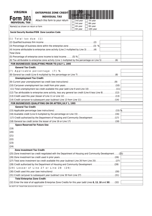 Fillable Form 301 - Enterprise Zone Credit Individual Tax printable pdf ...