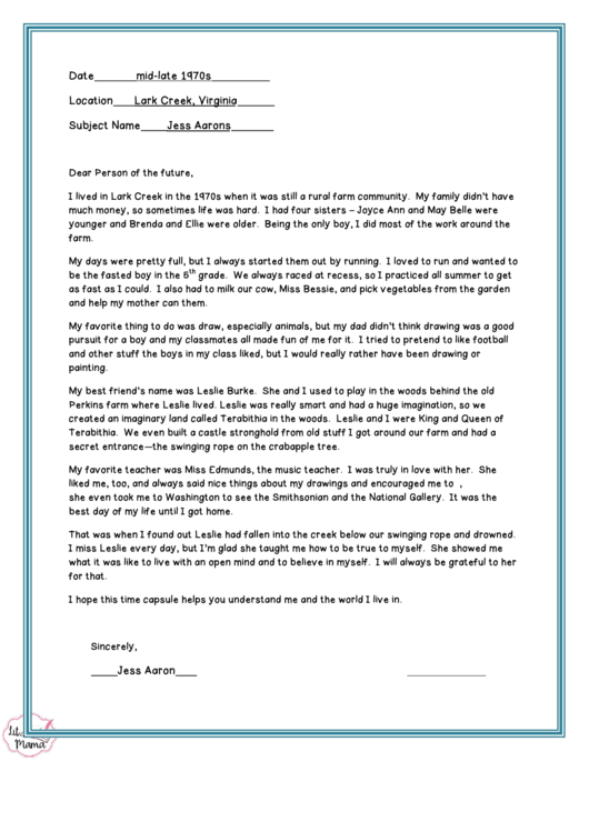 Time Capsule Letter For The Person Of The Future Printable Pdf Download